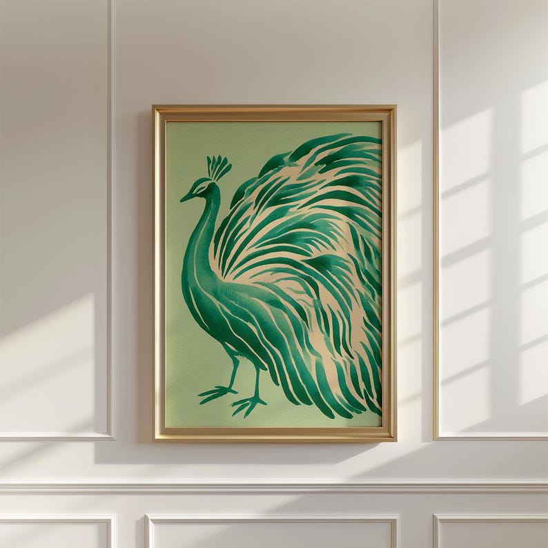 Green Peacock Print, Bird Wall Art, Minimal Nature Poster - Etsy UK