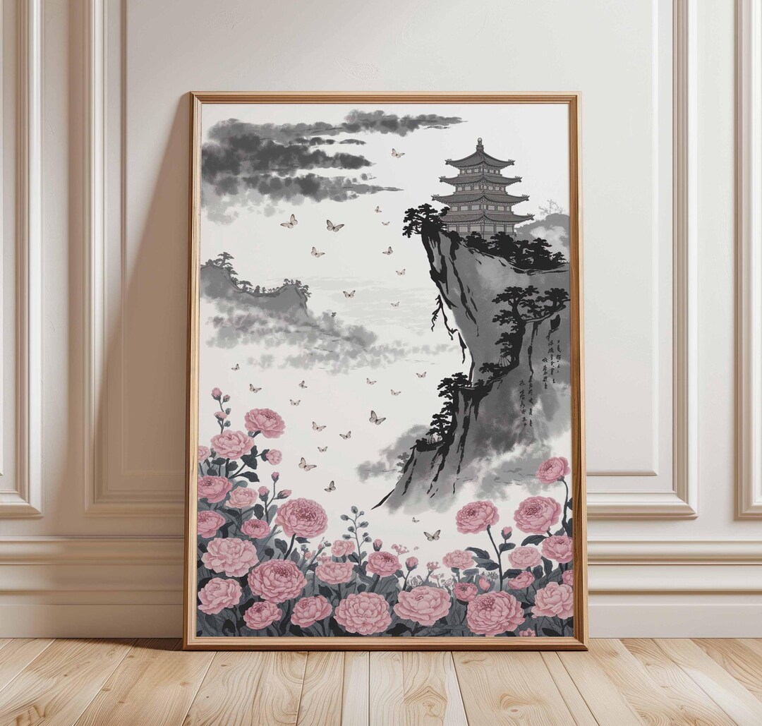 Chinese Landscape Poster – Pagoda on Cliff, Pink Flowers and ...
