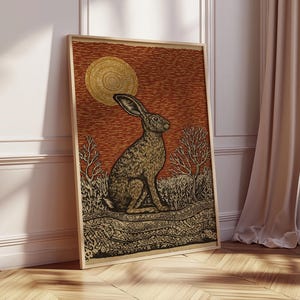 Hare Poster, Rustic Woodland Animal Art Print in Folk Illustration ...
