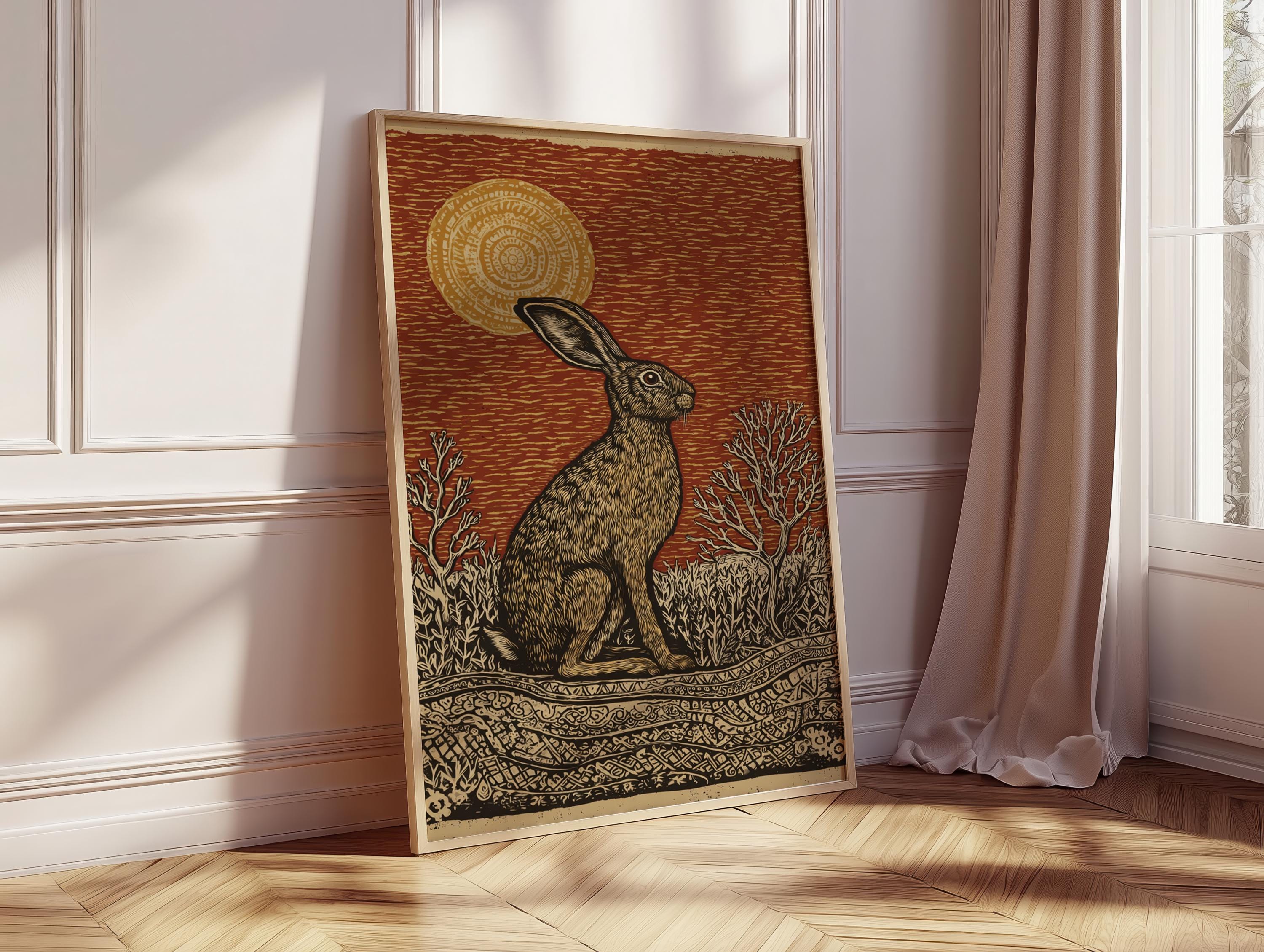 Hare Poster, Rustic Woodland Animal Art Print in Folk Illustration ...