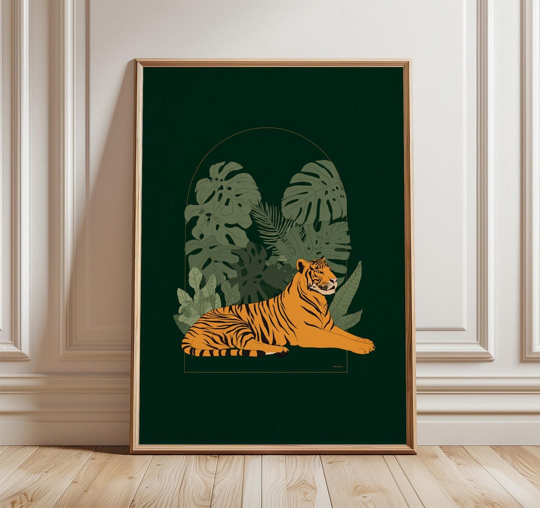 Dark Green Tiger Art Print, Minimalist Jungle Wall Decor, Monstera Leaf ...