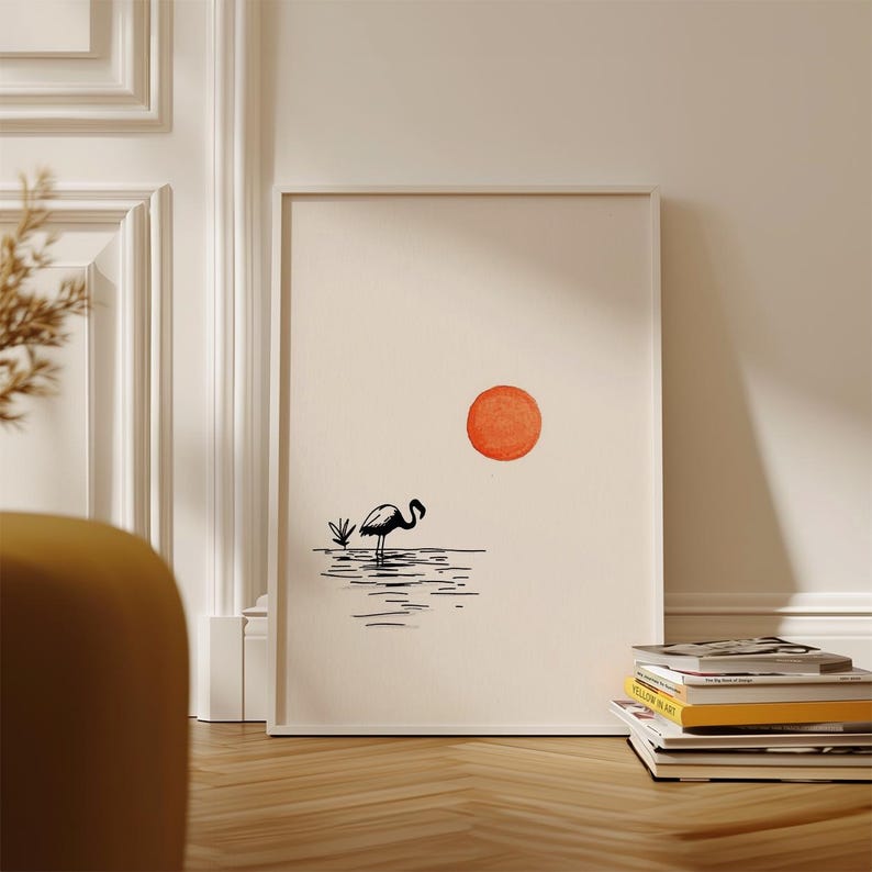 Japanese Crane Poster | Minimal Ink Line Art Print | Red Sun Wall Decor ...