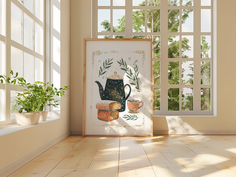 Teapot Bread Poster | Rustic Kitchen Wall Art | Cozy Botanical Print ...