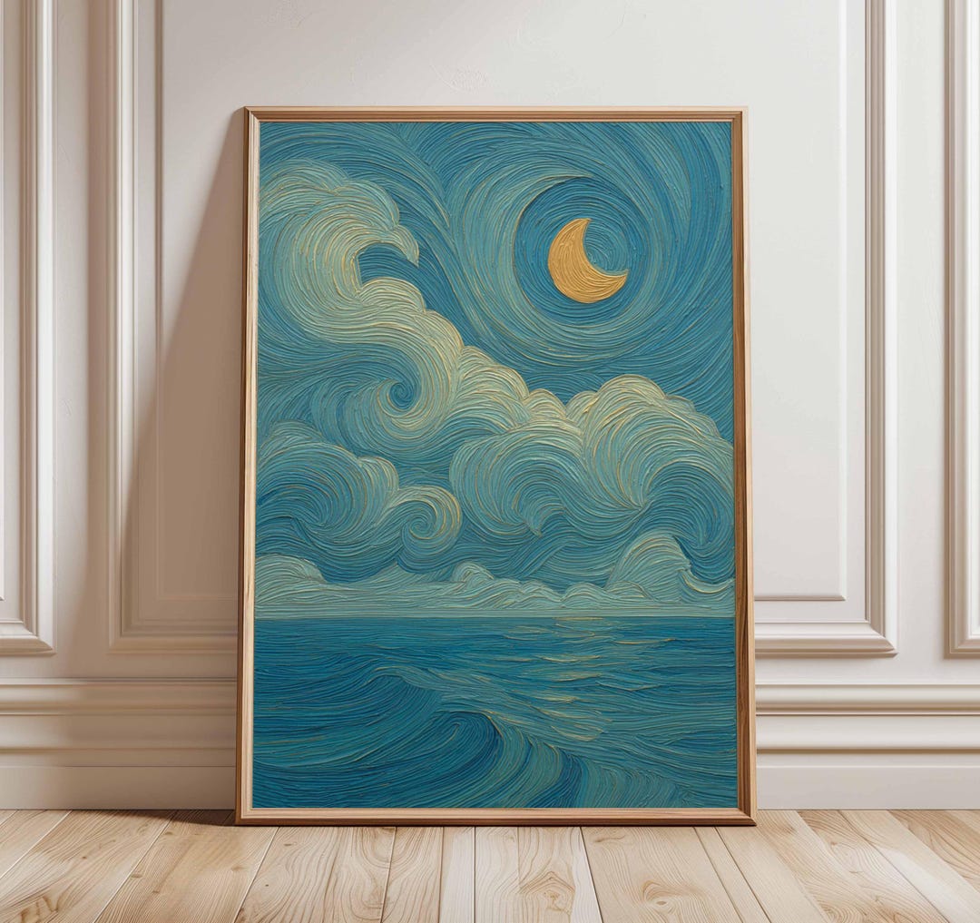 Moonlit Ocean Poster, Starry Night Wall Art, Abstract Sea Painting ...