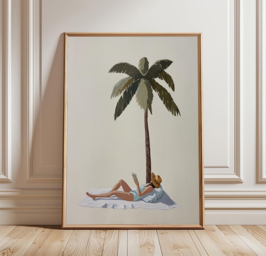 Minimal Beach Poster | Palm Tree Relaxing Woman Print | Coastal Summer ...
