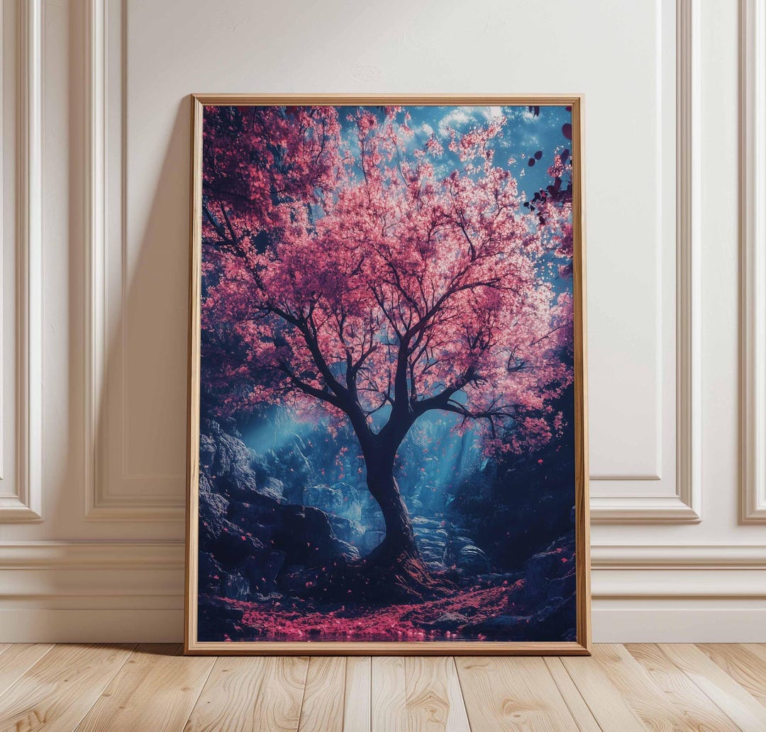 Cherry Blossom Tree Poster, Pink Tree Art Print, Misty Forest Landscape ...