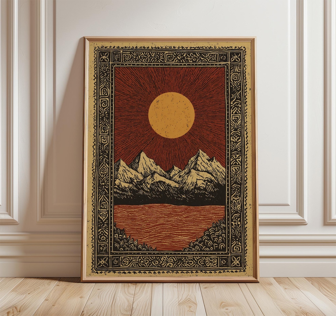 Mountain Sunrise Poster, Rustic Folk Art Landscape Print Style for ...