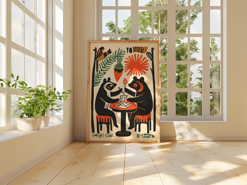 Folk Animal Poster | Bear and Raccoon Art Print | Whimsical Woodland ...
