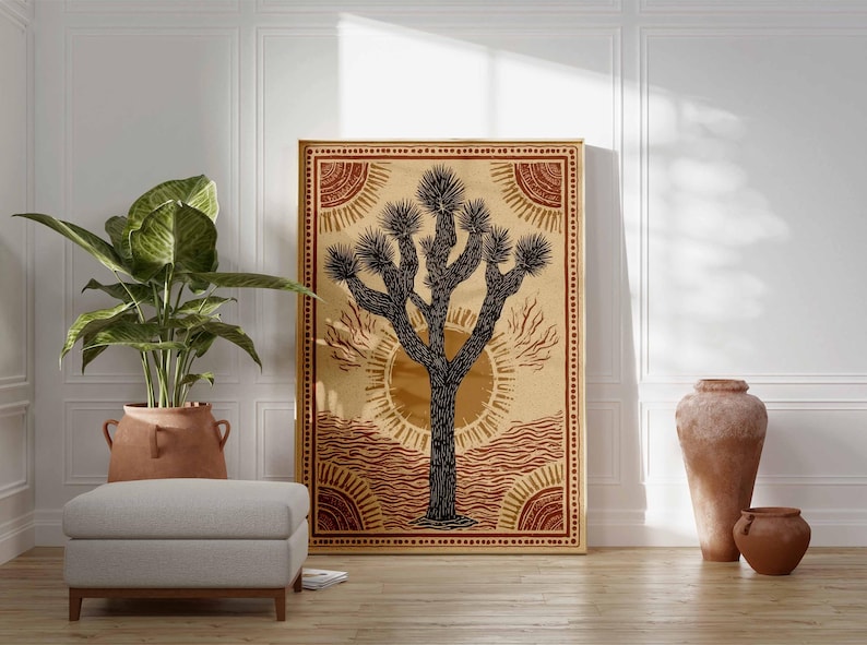 Joshua Tree Sunburst Poster, Boho Desert Wall Art, Vintage Western ...