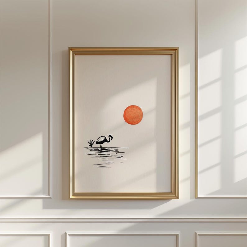 Japanese Crane Poster | Minimal Ink Line Art Print | Red Sun Wall Decor ...