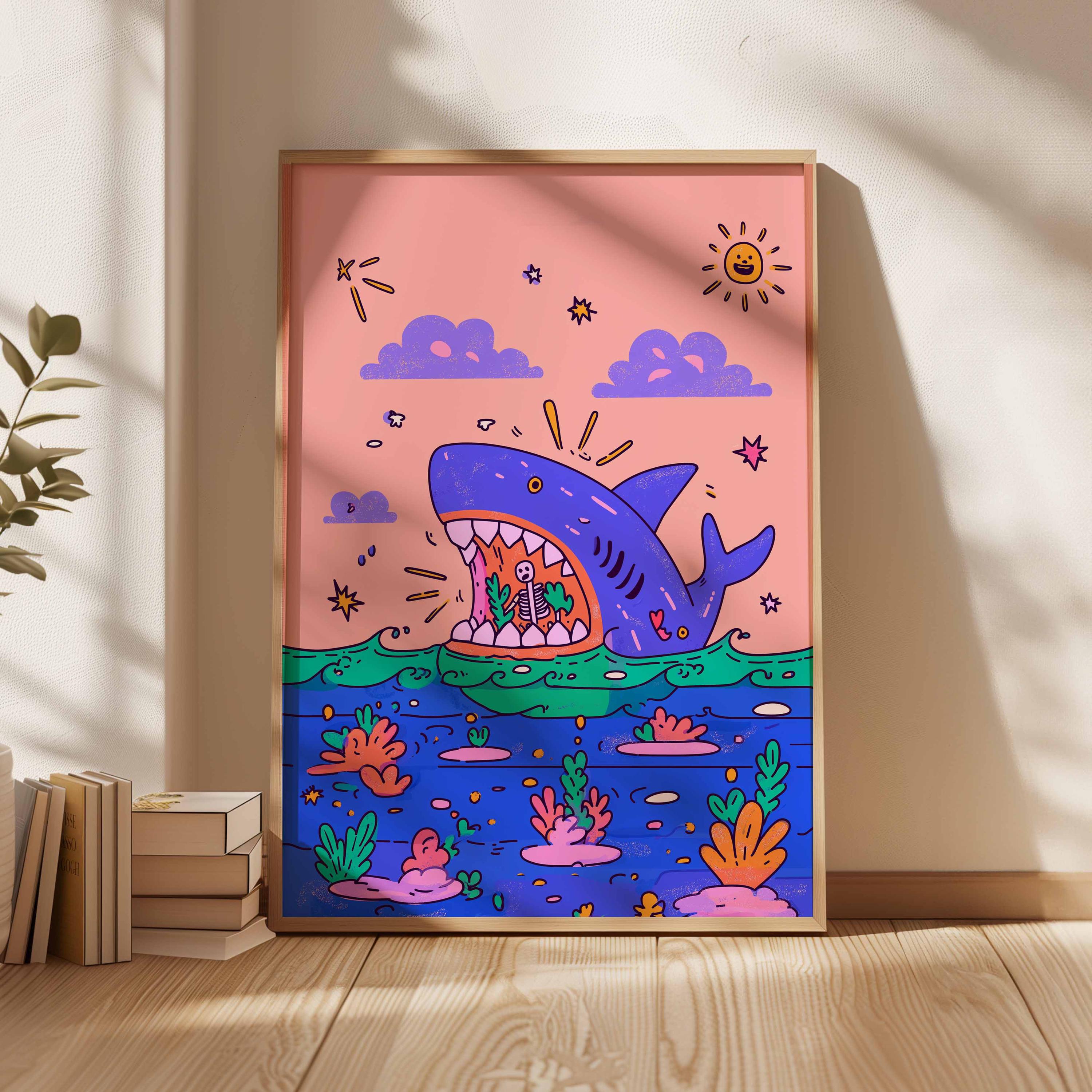 Cartoon Shark Poster, Colorful Ocean Wall Art, Fun Pop Art Sea Life ...