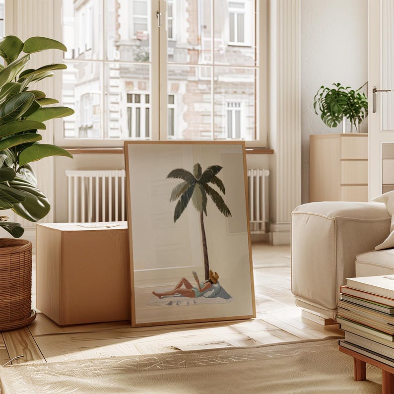 Minimal Beach Poster | Palm Tree Relaxing Woman Print | Coastal Summer ...