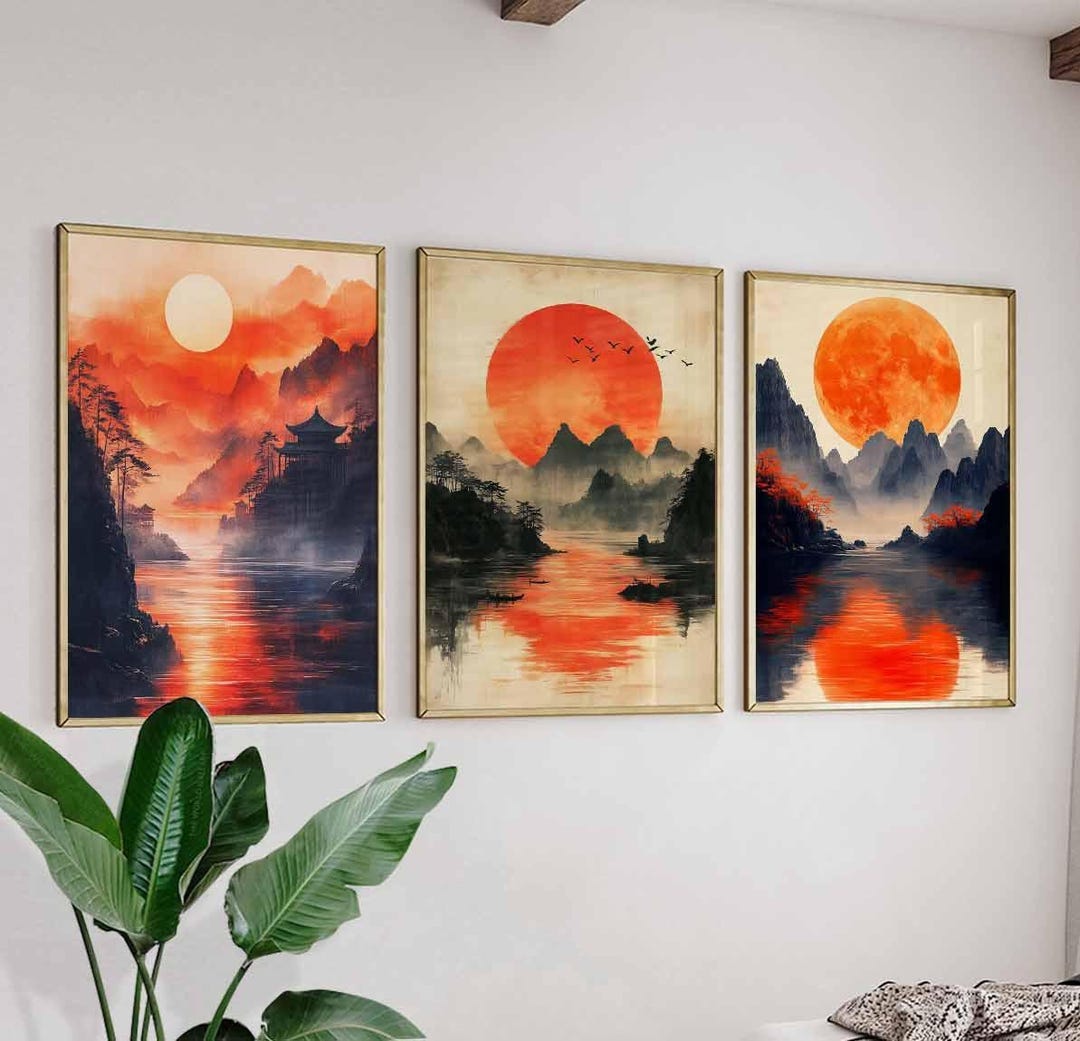 Chinese Red Mountain Landscape Poster Set, Traditional East Asian Art ...