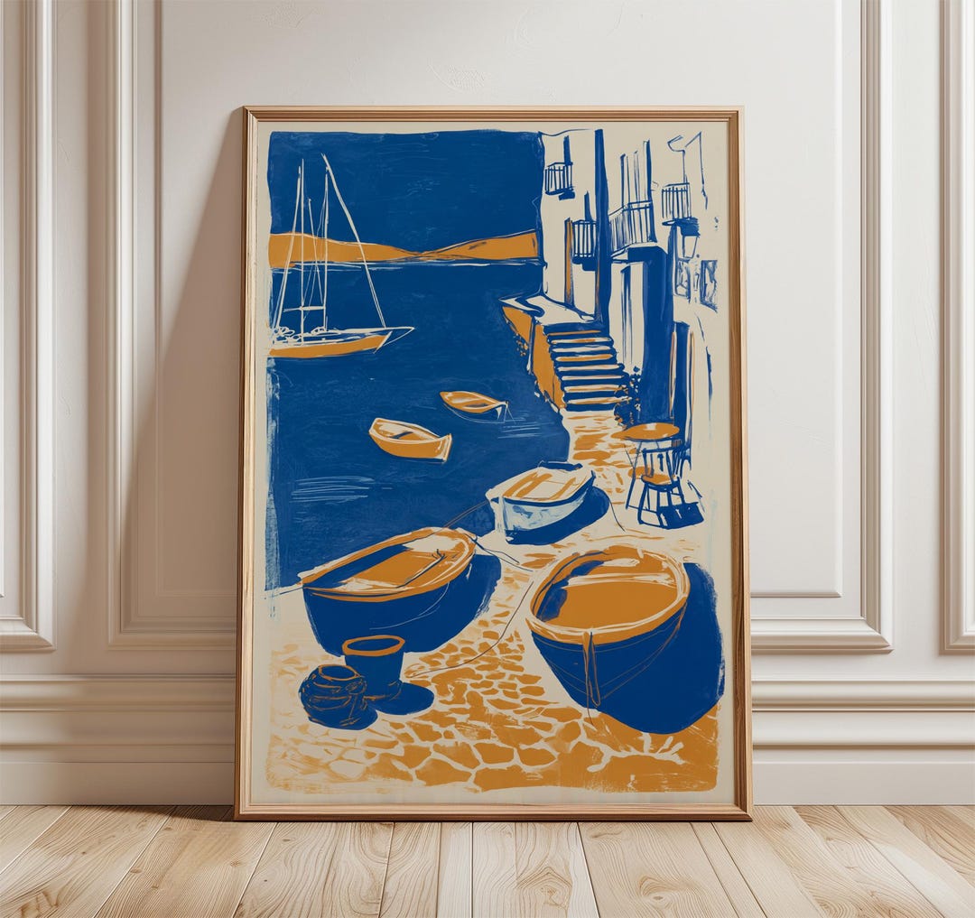 Coastal Harbour Boats Poster, Mediterranean Print, Modern Wall Art for ...