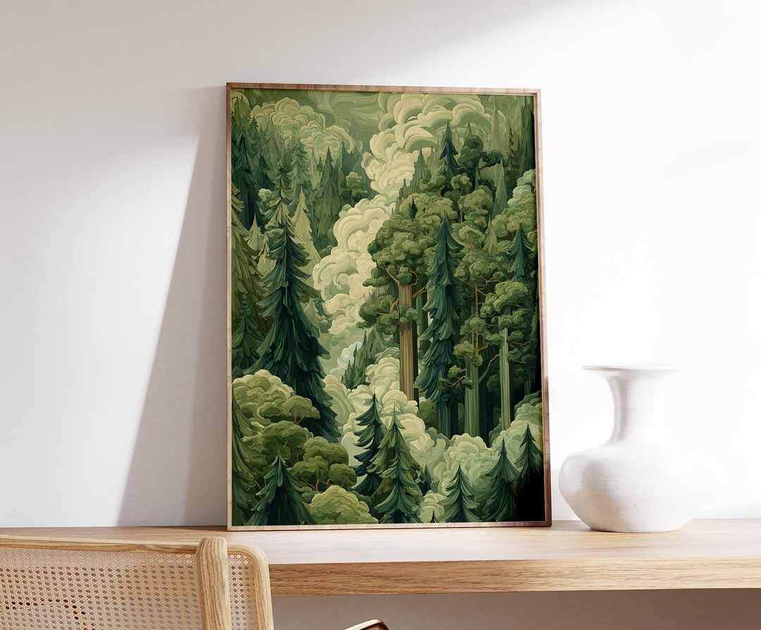 Forest Fog Poster | Misty Pine Trees Wall Art | Green Woodland ...