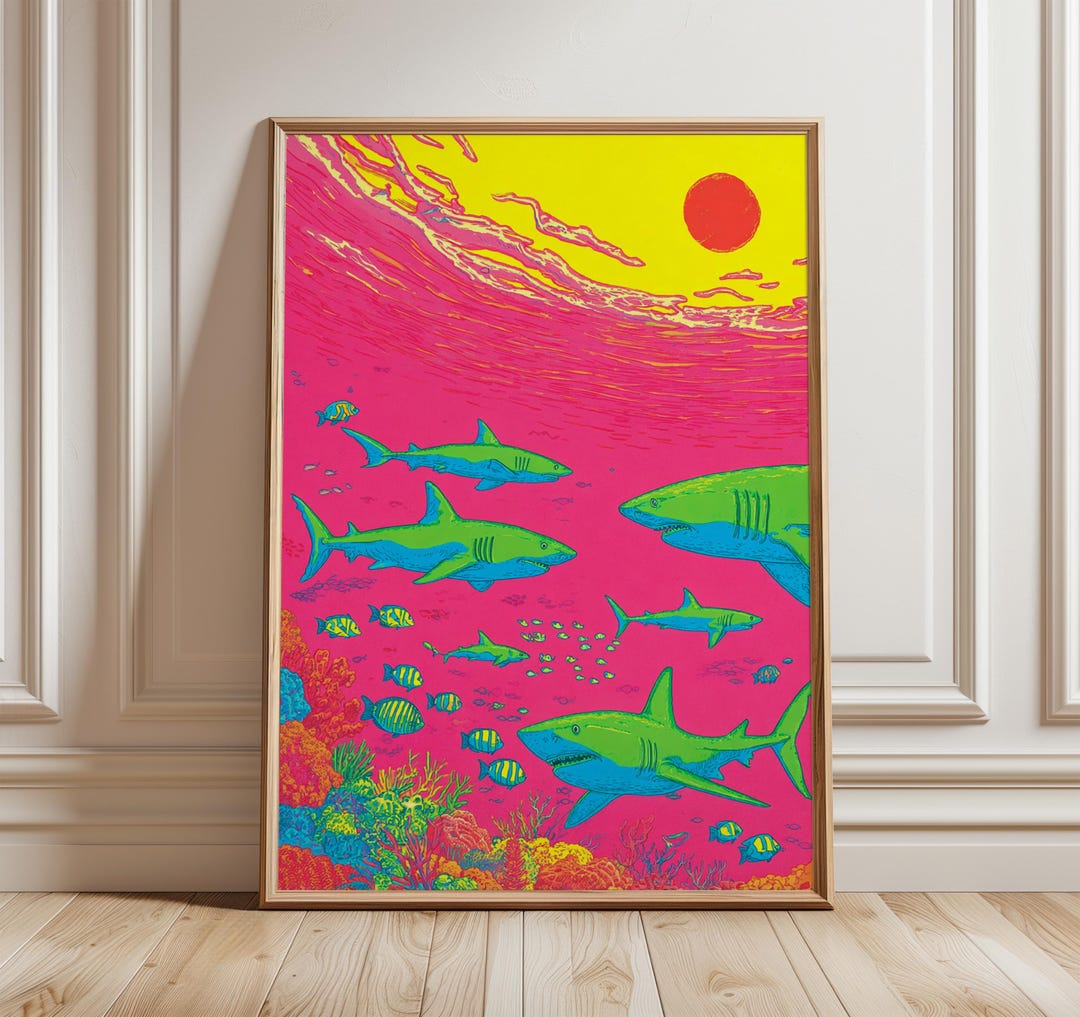 Neon Shark Art Print, Retro Ocean Poster, Psychedelic Sea Life Wall Art ...