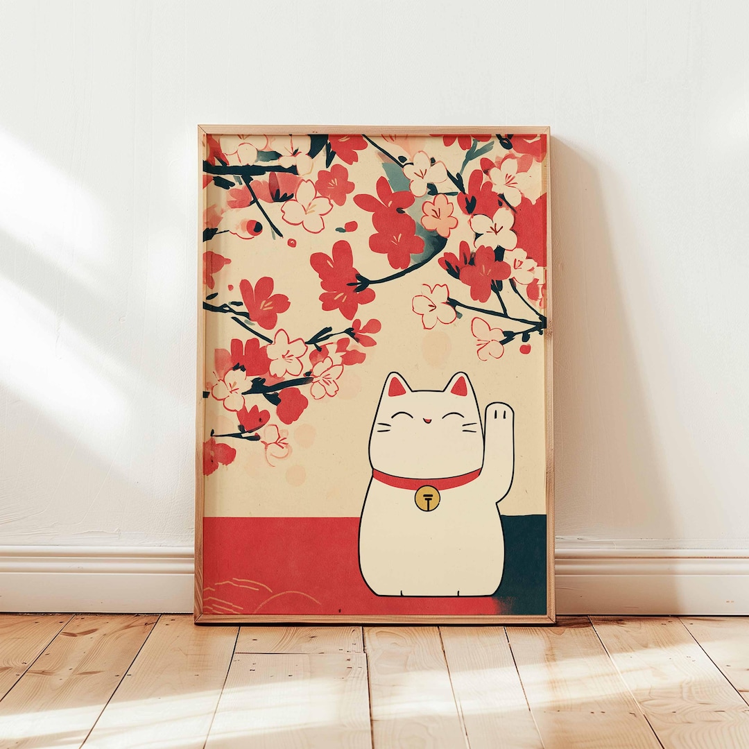 Japanese Lucky Maneki Neko Cat Poster, Japanese Cherry Blossom Wall Art ...