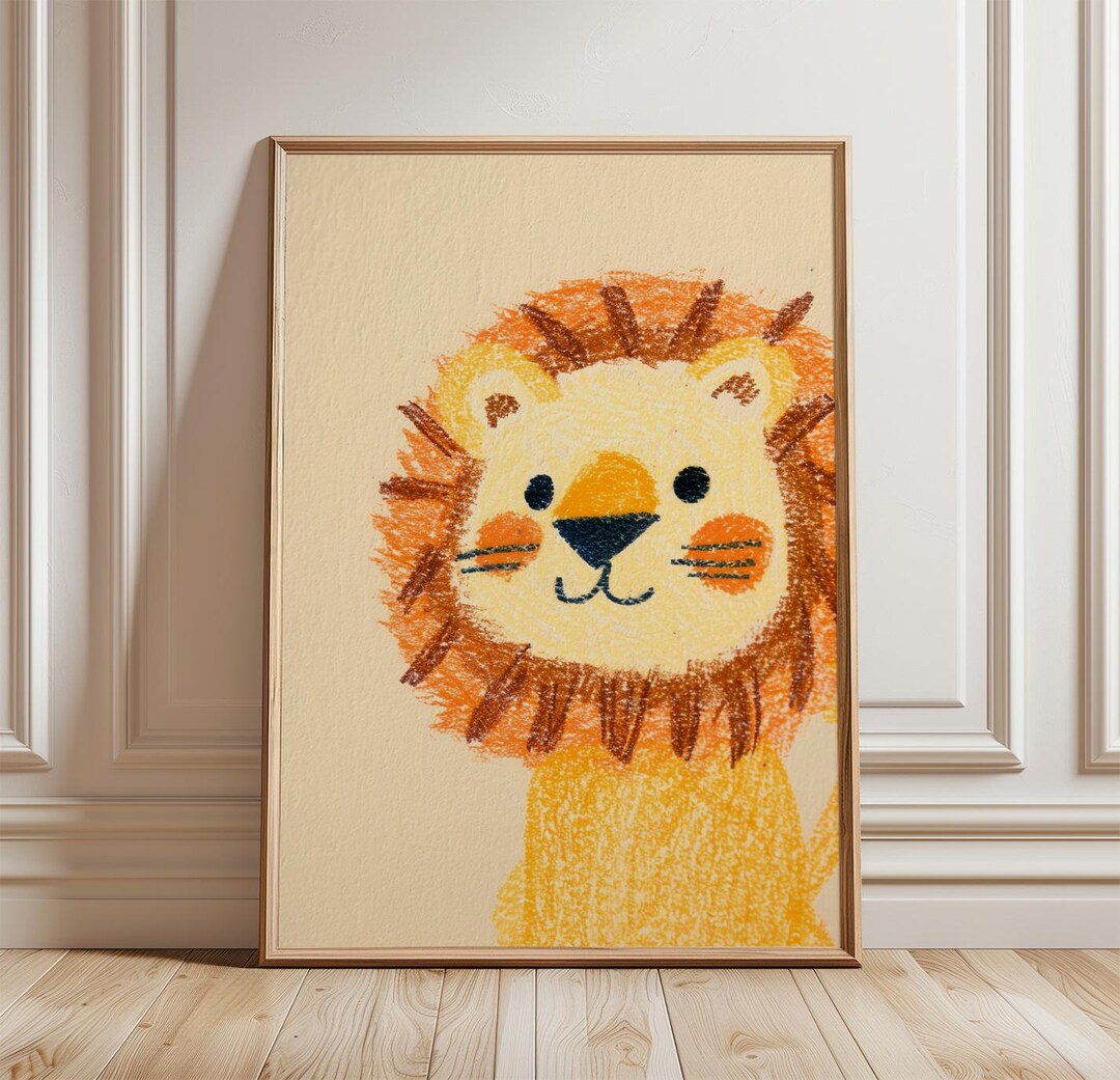 Cute Lion Poster | Kids Animal Art | Crayon Style Nursery Print - Etsy UK