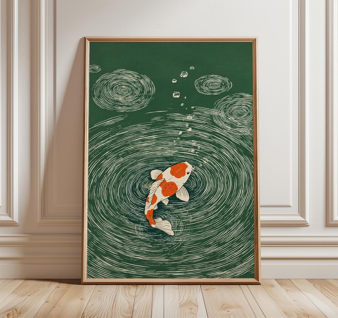 Koi Fish Wall Art, Japanese Ripple Illustration, Minimal Green & Orange ...