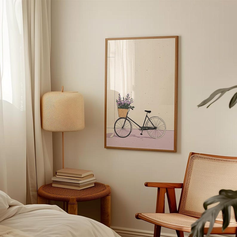 Bicycle With Flowers Poster | Minimal Line Art Print | Soft Pastel Wall ...