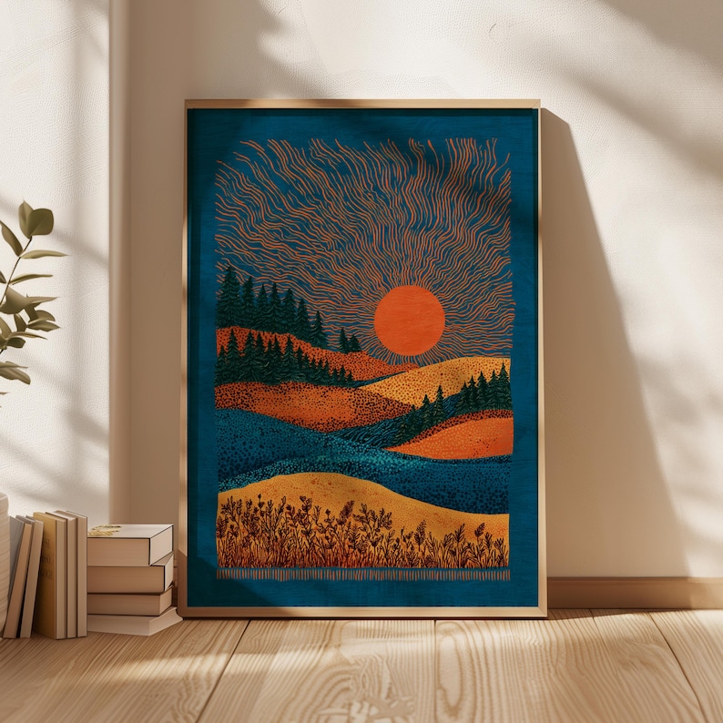 Modern Landscape Art Print, Retro Sun and Hills Poster, Boho Wall Art ...