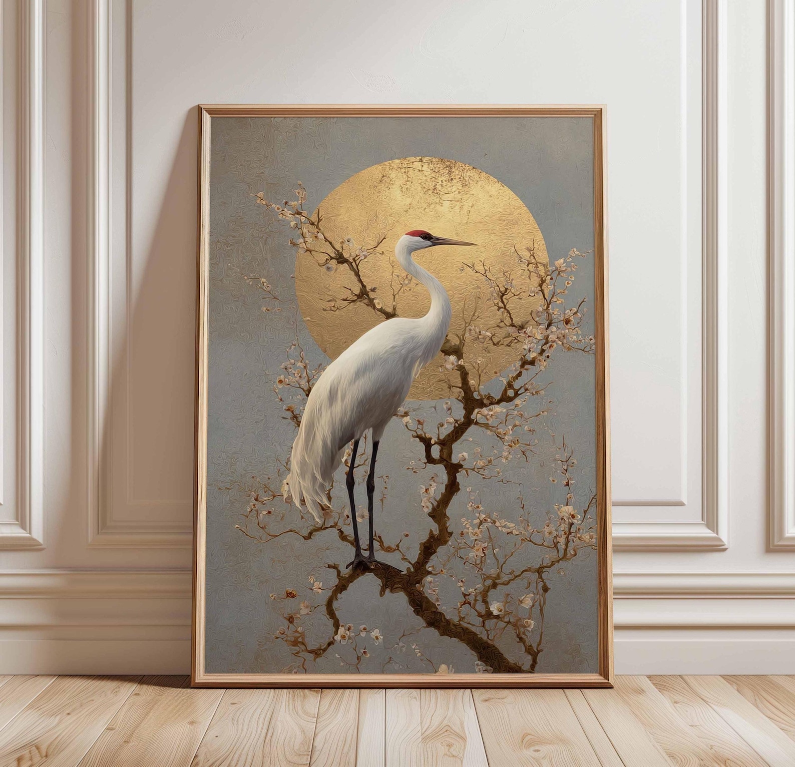 Golden Sun Crane Poster – Japanese Heron Wall Art With Plum Blossoms ...