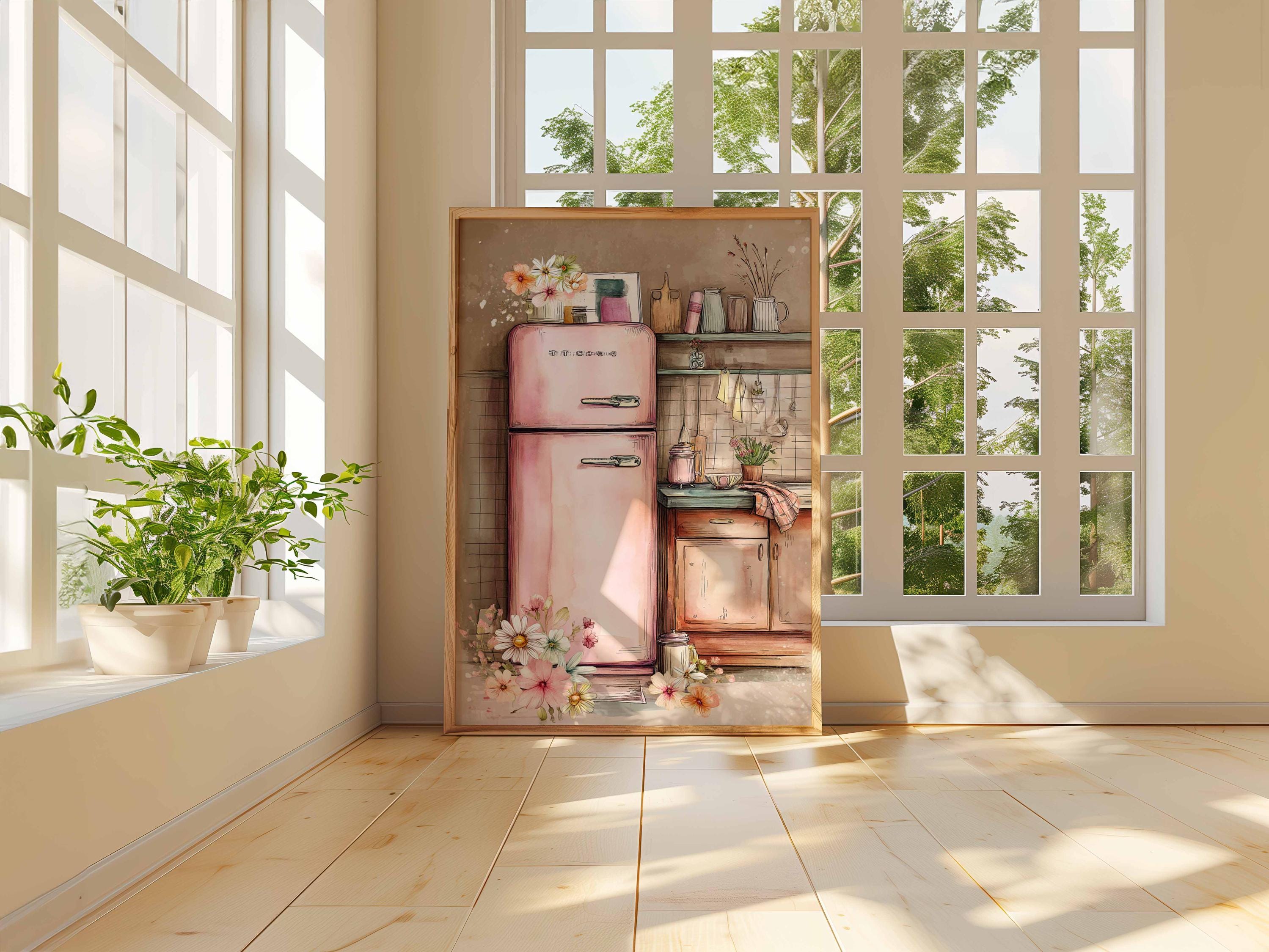 Retro Pink Kitchen Wall Art Print Floral Vintage Fridge Poster Shabby ...
