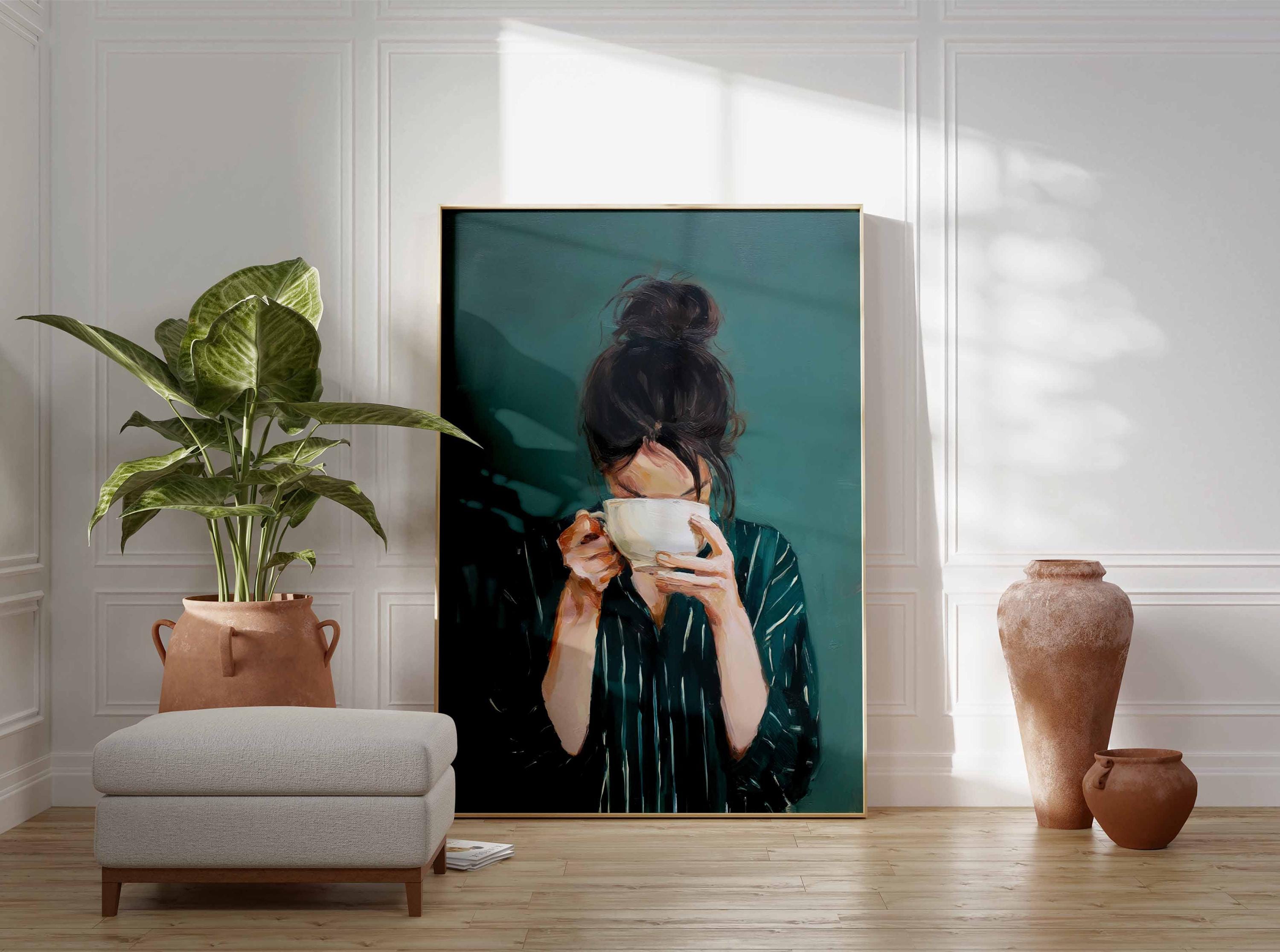 Minimalist Woman Drinking Coffee Poster, Modern Figurative Wall Art ...
