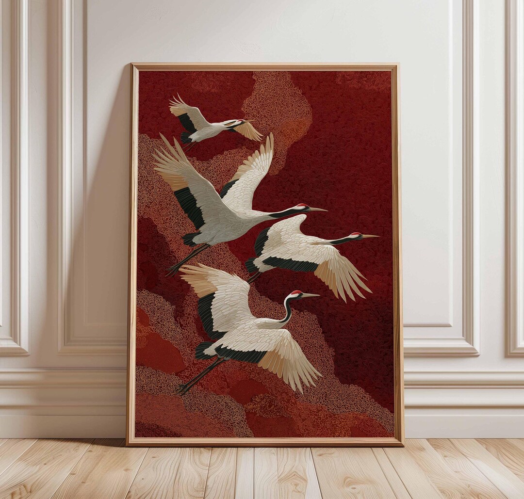Red Crowned Cranes Poster, Traditional Japanese Crane Wall Art, Flying ...
