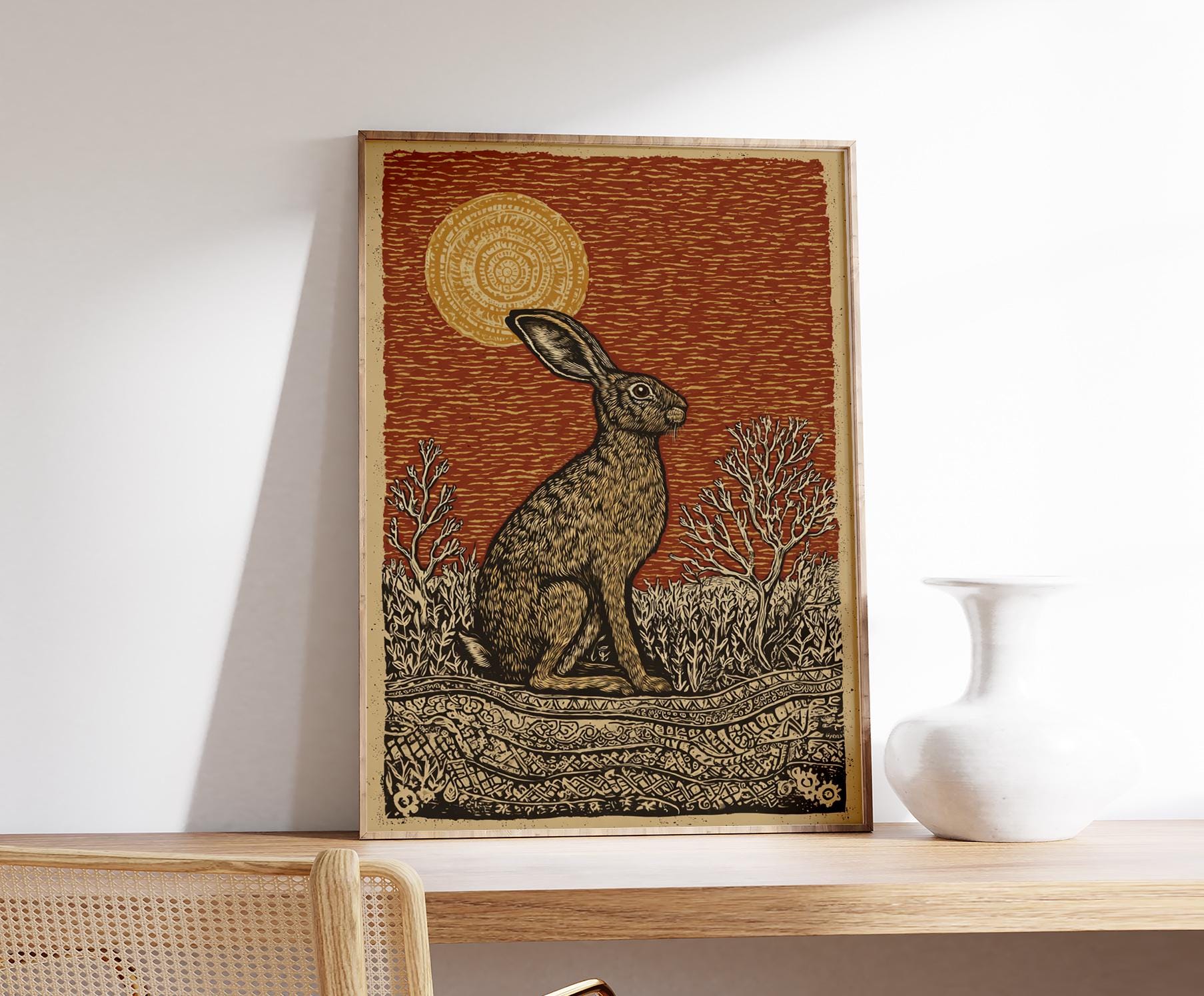 Hare Poster, Rustic Woodland Animal Art Print in Folk Illustration ...