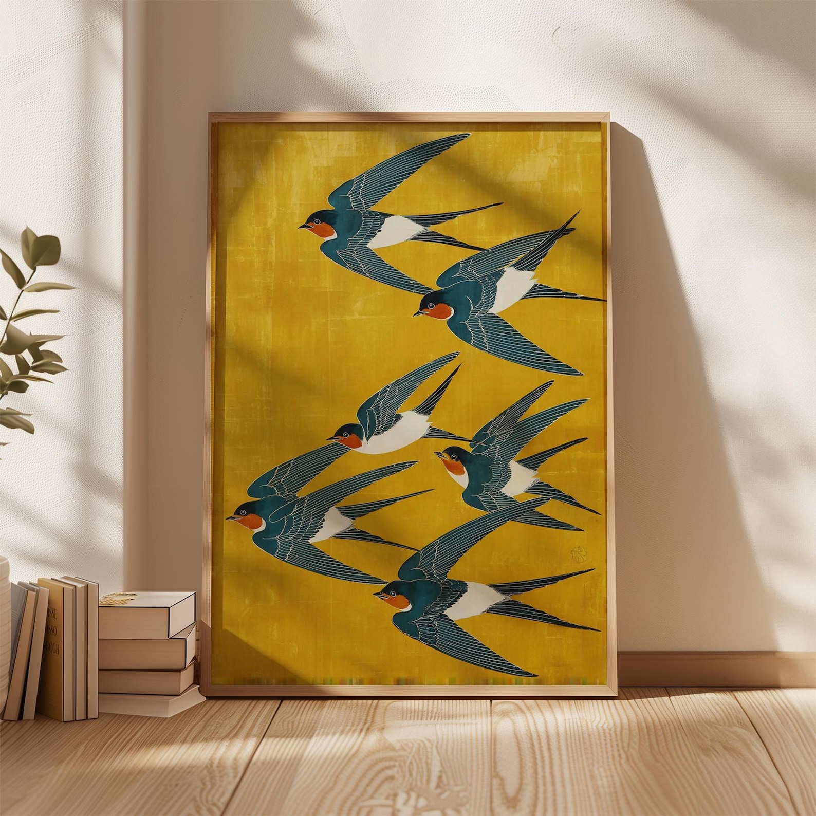 Swallow Birds Poster, Japanese Art Print, Yellow and Blue Wall Art ...