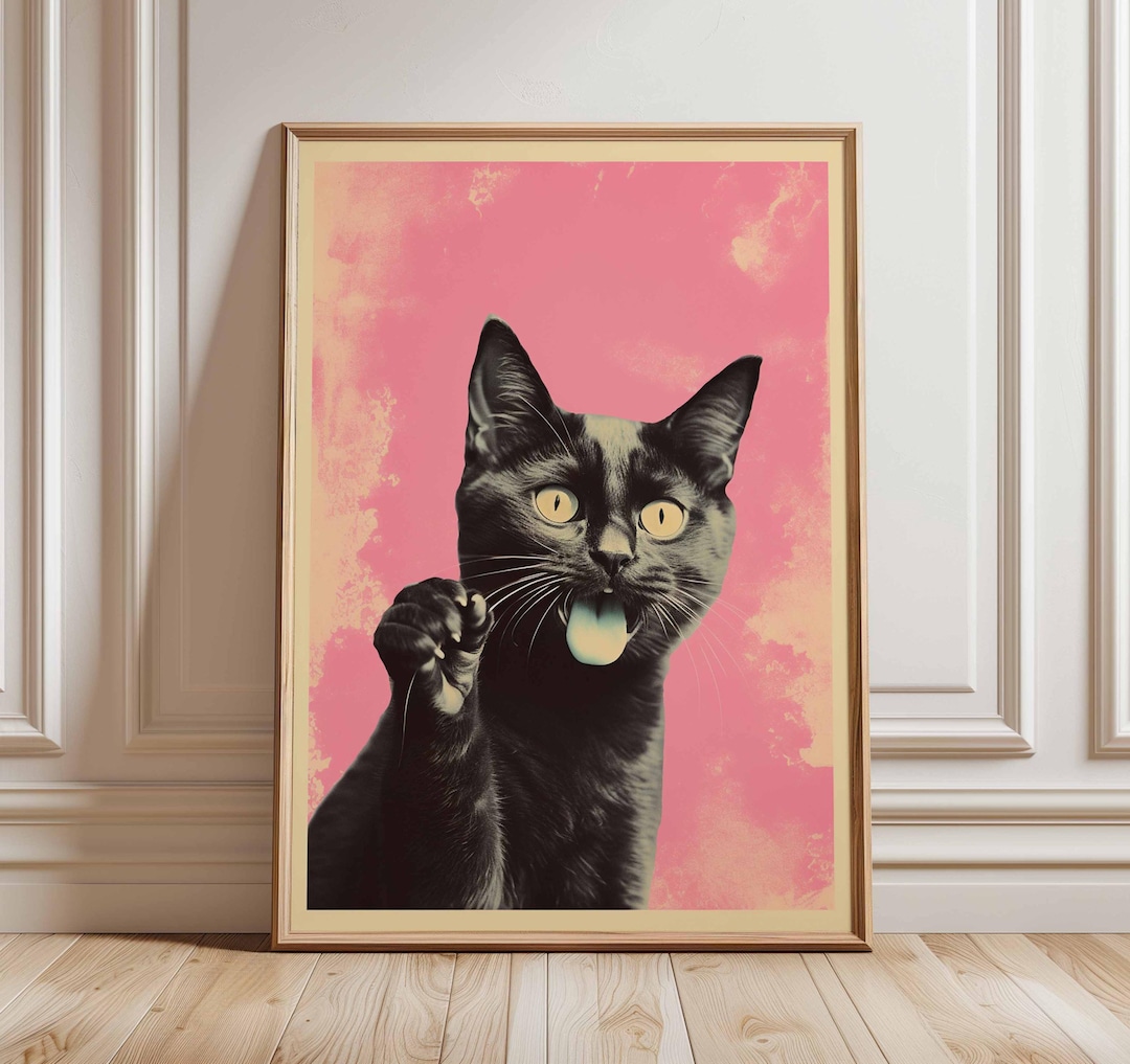 Pop Art Black Cat Poster, Funny Cat Wall Art With Pink Background ...