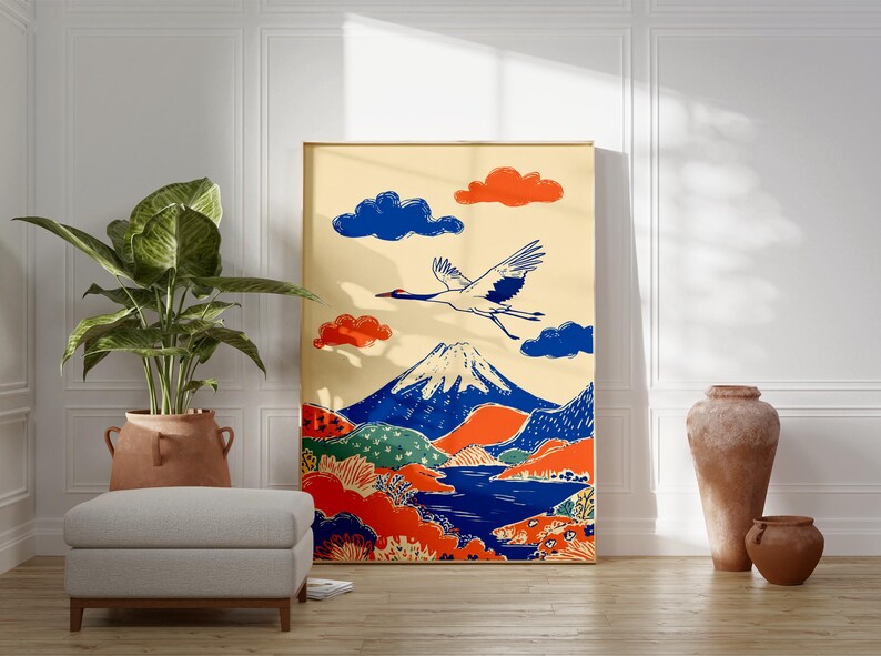 Japanese Crane Mountain Poster, Sun and Lake Landscape Wall Art ...
