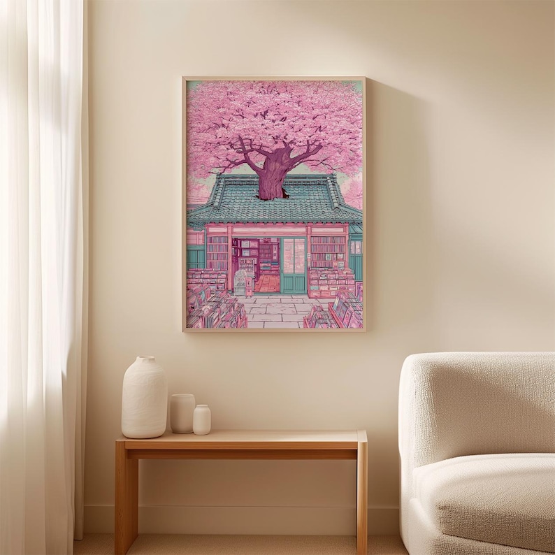 Japanese Sakura Bookshop Poster, Pink Anime Wall Art, Kyoto Print - Etsy