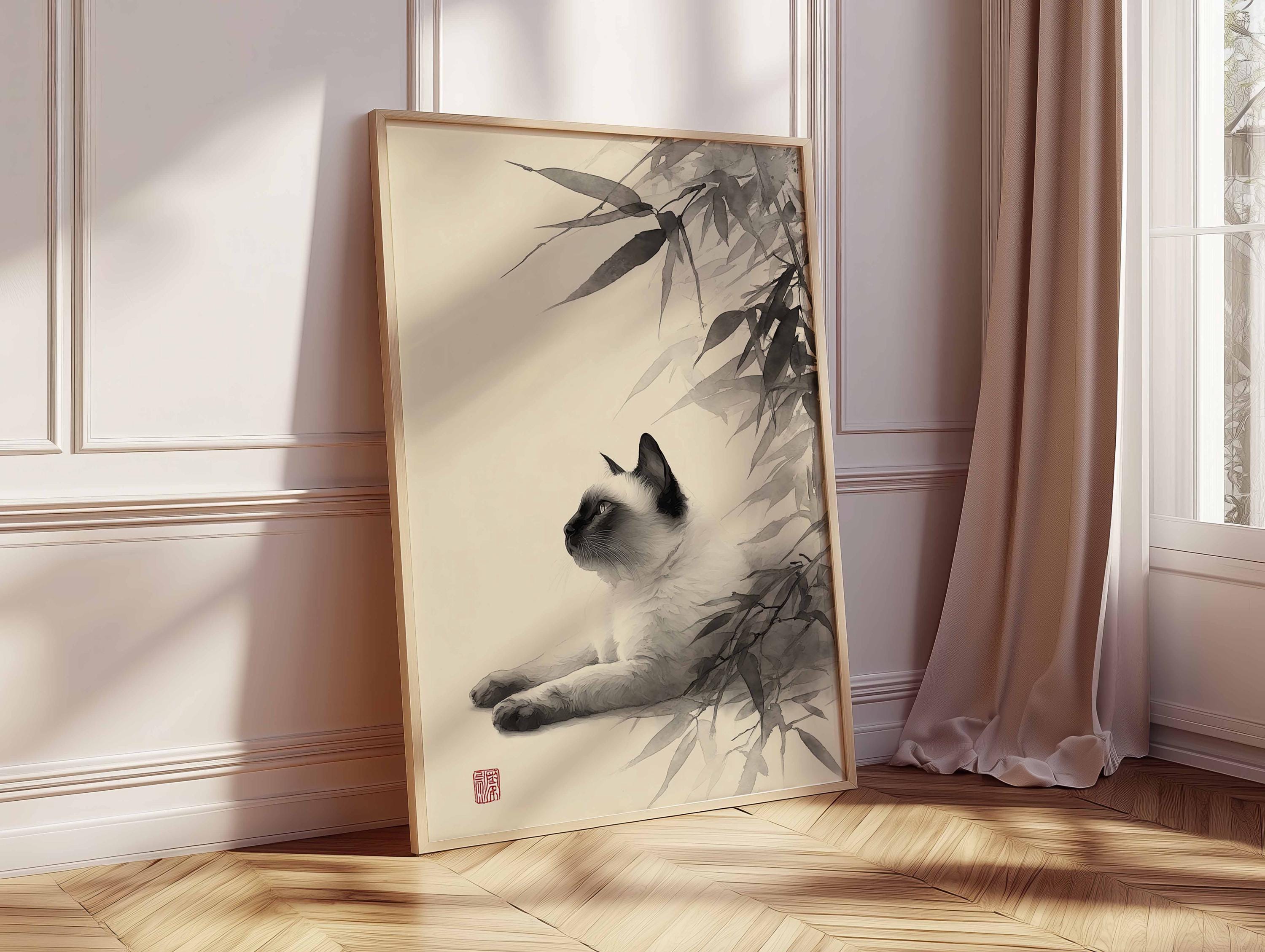 Siamese Cat Poster, Japanese Cat Wall Art, Bamboo Ink Painting, Zen ...