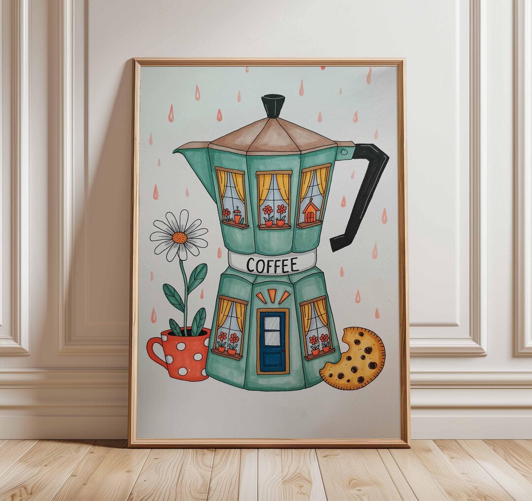 Coffee Wall Art, Kitchen Poster, Cute Coffee Pot Illustration ...