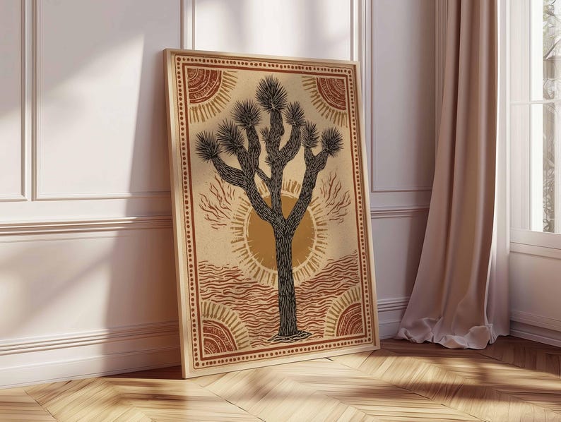 Joshua Tree Sunburst Poster, Boho Desert Wall Art, Vintage Western ...