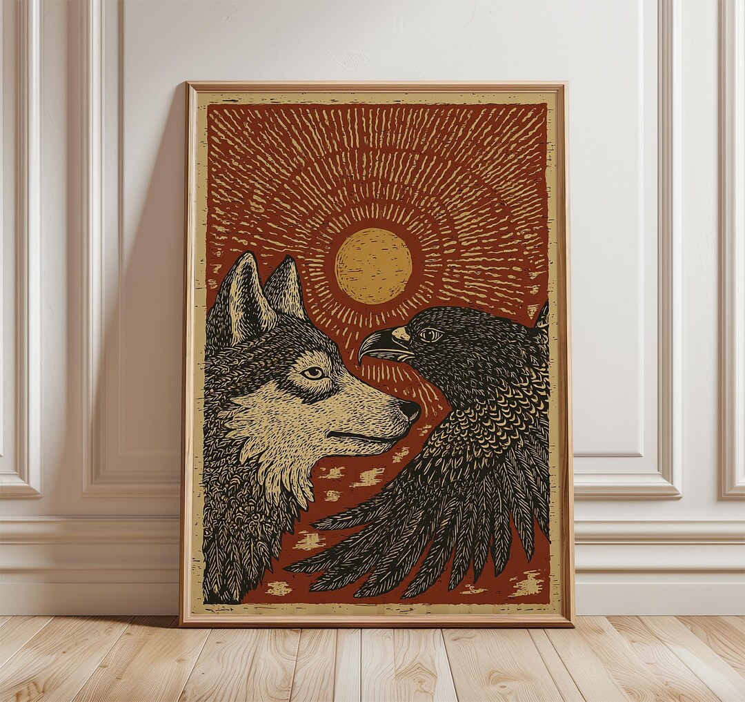 Wolf and Eagle Sun Poster, Rustic Boho Animal Print in Folk ...
