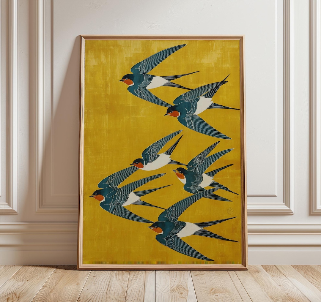 Swallow Birds Poster, Japanese Art Print, Yellow and Blue Wall Art ...