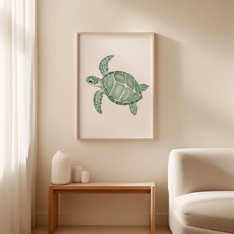 Sea Turtle Poster, Minimal Ocean Animal Wall Art Print, Green Marine ...
