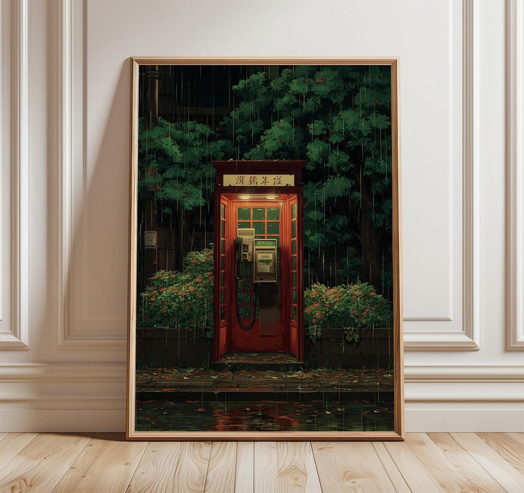 Japanese Phone Booth Poster, Rainy Night Anime Wall Art Print in ...