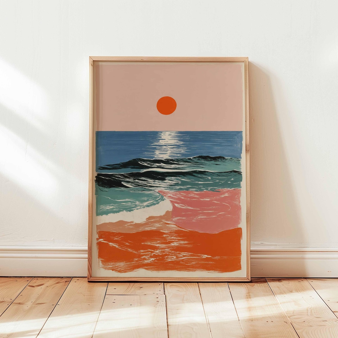 Retro Sunset Ocean Waves Poster – Abstract Coastal Wall Art, Modern ...