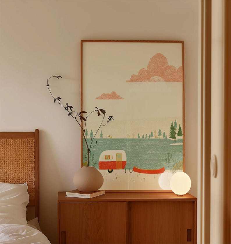 Lake Camper Poster, Retro Camping Wall Art, Scandinavian Nature Print ...