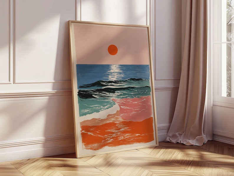 Retro Sunset Ocean Waves Poster – Abstract Coastal Wall Art, Modern ...