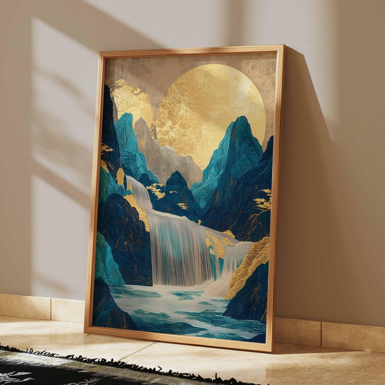 Golden Waterfall Poster, Japanese Landscape Wall Art, Blue Gold ...