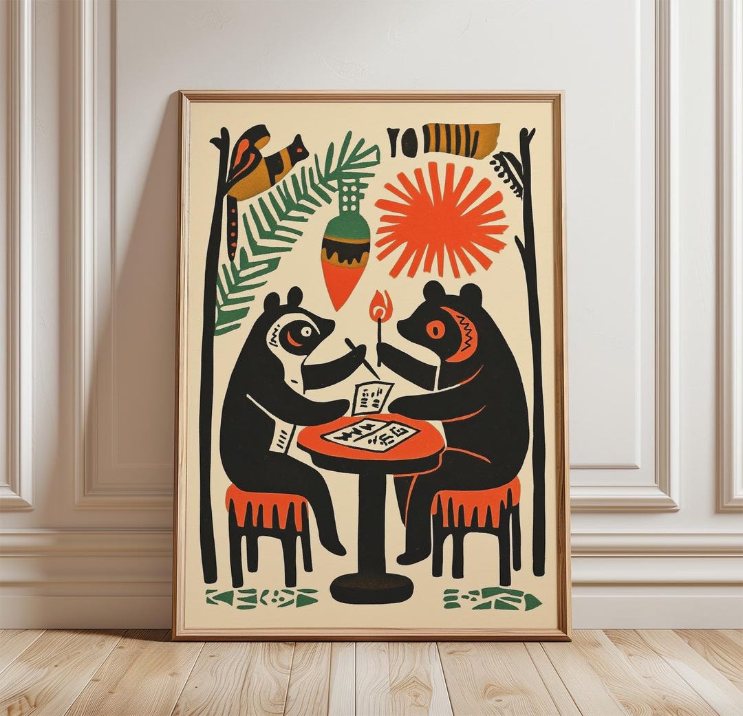 Folk Animal Poster | Bear and Raccoon Art Print | Whimsical Woodland ...