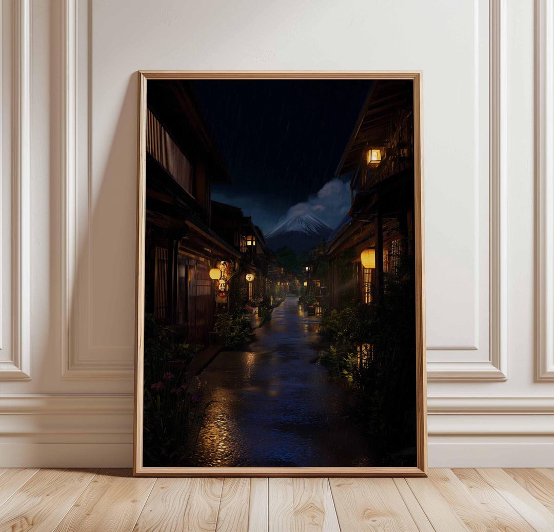 Japanese Street at Night Poster, Mount Fuji Lantern Rain Print ...