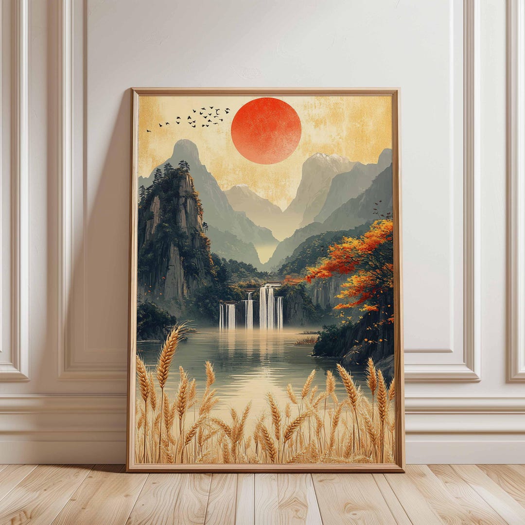 Japanese Landscape Poster Red Sun Mountain Waterfall Nature Wall Art ...
