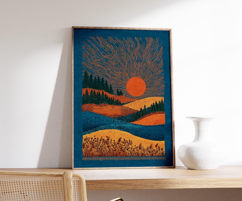 Modern Landscape Art Print, Retro Sun and Hills Poster, Boho Wall Art ...