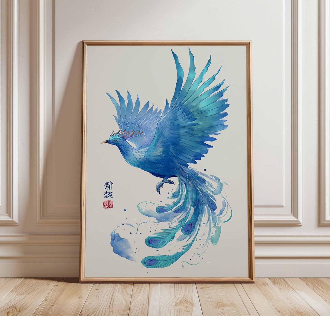 Blue Phoenix Watercolor Art Print – Mythical Bird Wall Decor, Asian ...
